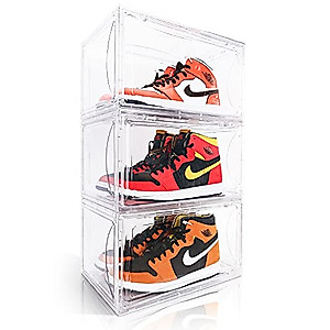Kerykwan 3 Pack Transparent Shoe Storage Box for Display Stackable Extra Large Sneaker Organizer Case with Side Open Acrylic Container Rack for High Heels (Transparent, 3 Pack)