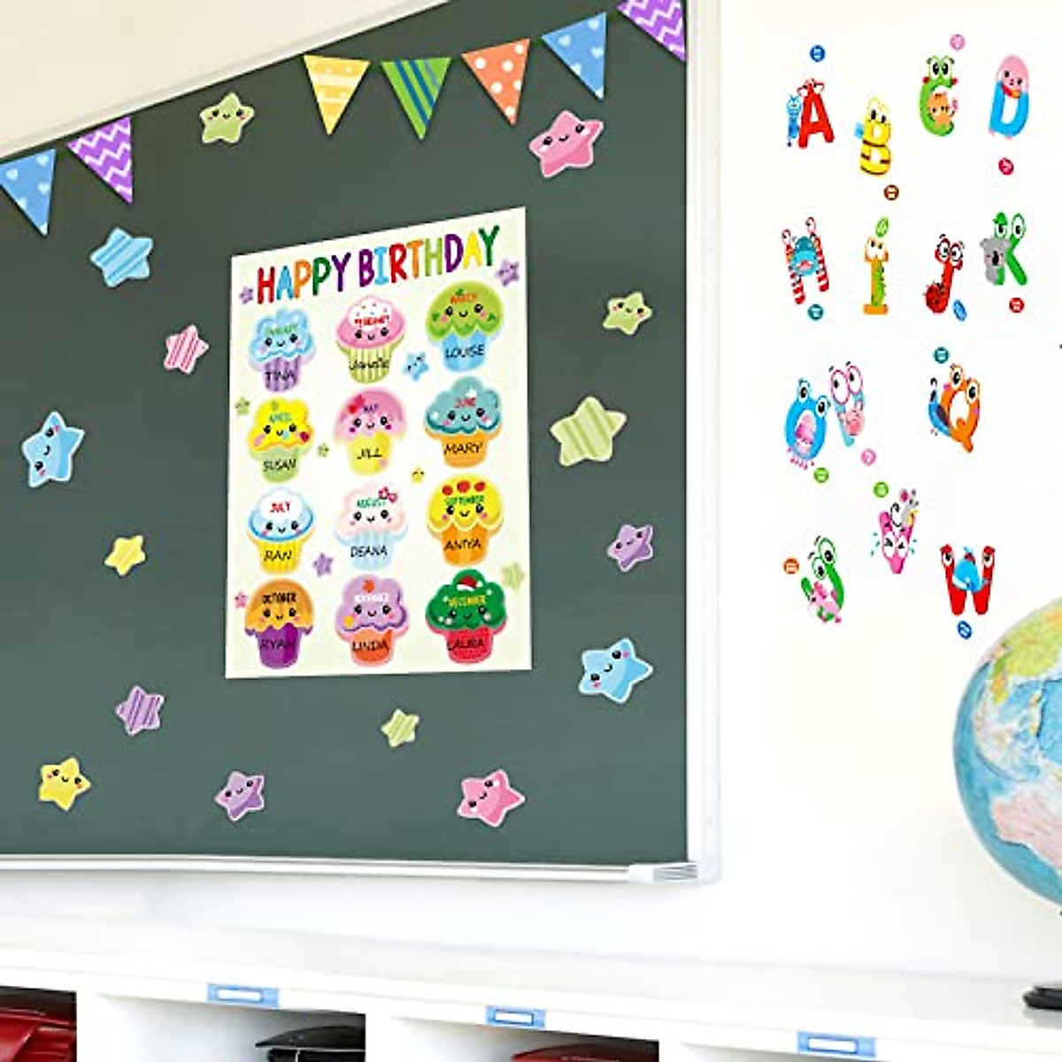 FANCY LAND Cupcake Happy Birthday Poster Chart 2PCS 17" x 22" Cupcake Birthday Poster Monthly Birthday Chart Class Birthday Decoration