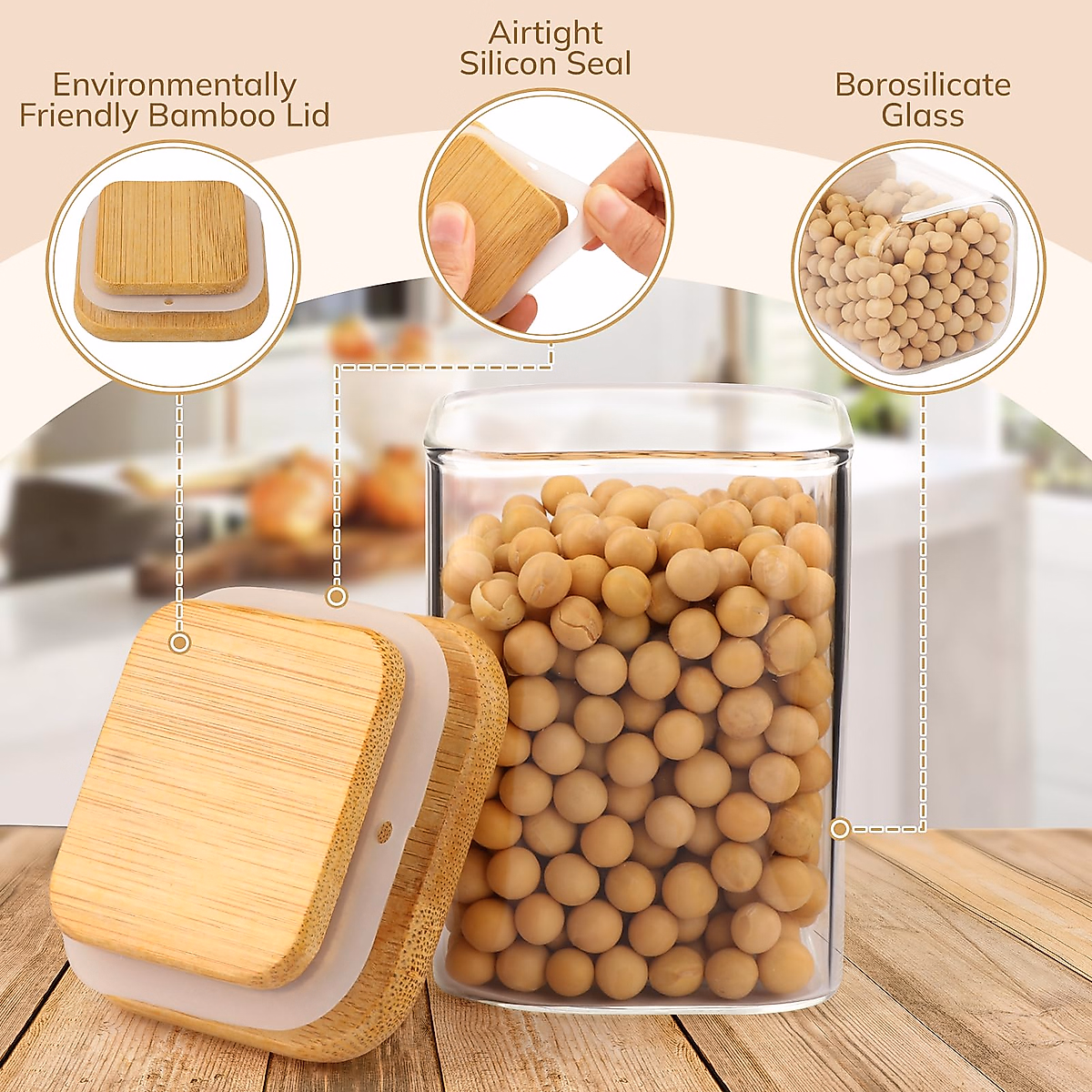 QLoztyse Glass Jars with Bamboo Lids - 9oz Glass Canisters with Airtight Lids Clear Pantry Storage Containers Small Square Glass Canister Set for Kitchen Spice (Set Of 10)