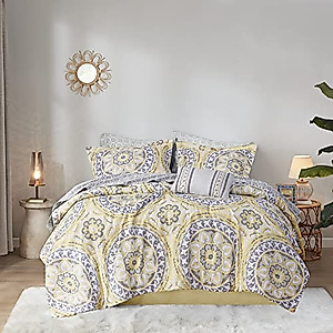Madison Park Essentials Serenity Bed in a Bag Comforter Set, Medallion Damask Design, All Season Bedding with Cotton Sheet Set, Bedskirt, Queen(90"x90"), Yellow 9 Piece