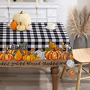 cusugbaso Thanksgiving Tablecloth 60x84 Inch Rectangle - Black Plaid Pumpkins Fall Decorations for Home - Water Resistant Harvest Fall Table Cloth Rectangle for Party, Dinning, Home