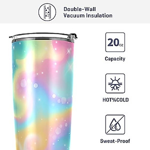 Jihqo Multicolor Rainbow Galaxy Tumbler with Lid and Straw, Insulated Stainless Steel Tumbler Cup, Double Walled Travel Coffee Mug Thermal Vacuum Cups for Hot & Cold Drinks 20oz