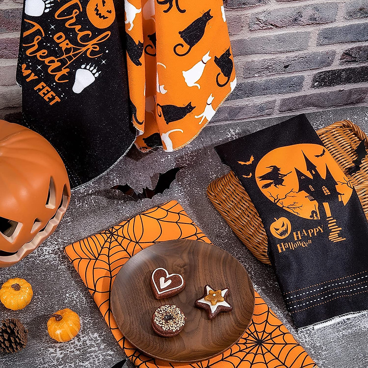 AnyDesign Halloween Kitchen Dish Towels 18 x 28 Inch Happy Halloween Tea Towel Dishcloth Orange Black Web Cat Witch Trick or Treat Drying Cloth Towel Hand Towel for Cooking Baking Bathroom, 4 Pack