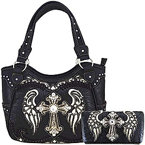 Western Style Cross Laser Cut Wings Purse Concealed Carry Handbags Women Country Shoulder Bag Wallet Set (#4 Black Set)