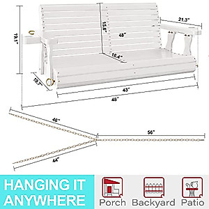 4FT Wooden Porch Swing w/Cupholders,Heavy Duty 800LBS Outdoor Swing Bench w/Chains,Patio Roll Back Swing Chair Bench,Front Porch 2-Person Hanging Bench,for Garden Courtyard Lawn & Balcony Backyard