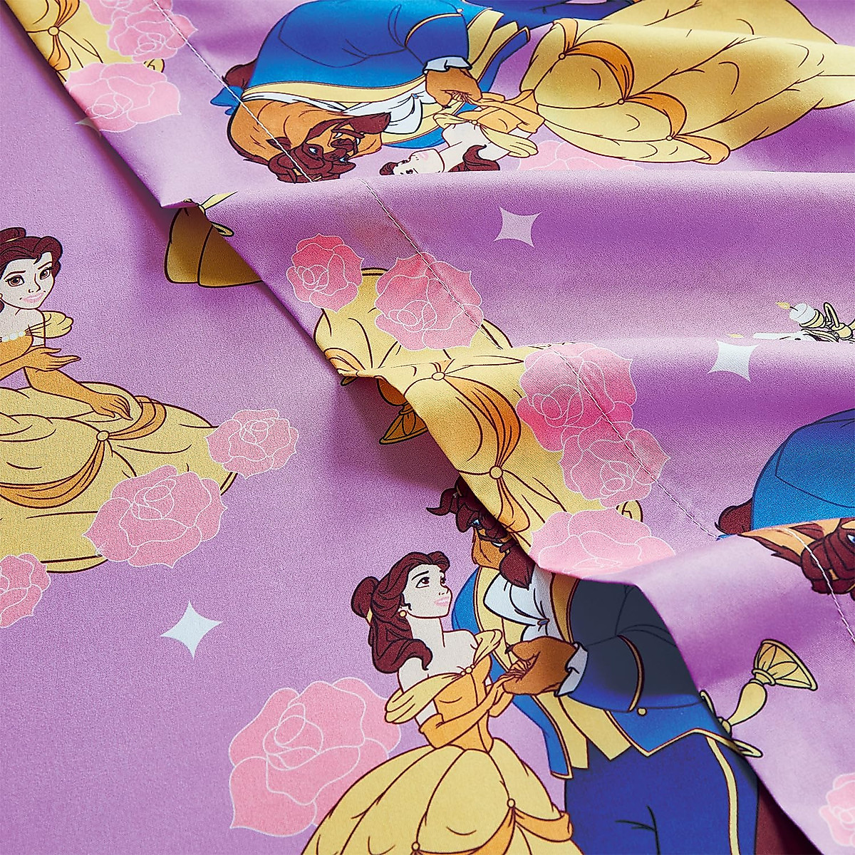 Beauty and The Beast Bedding Twin Bed Set for Girls - Bundle with Belle Bed Sheets with Flat Sheet, Fitted Sheet, Pillowcase, Quilted Bedspread Plus Stickers, More | Beauty and The Beast Sheets Twin