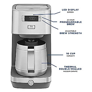 GE Drip Coffee Maker With Timer | 10-Cup Thermal Carafe Pot Keeps Coffee Warm for 2 Hours | Adjustable Brew Strength | Wide Shower Head for Maximum Flavor | Kitchen Essentials | Stainless Steel