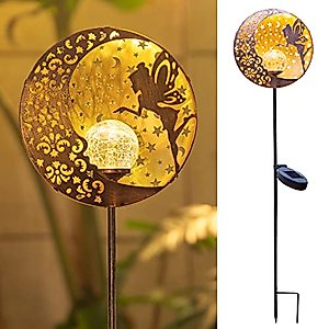 Tryme Garden Solar Lights Fairy Moon Star Glass Globe Pathway Stake Light Metal Angel Decor, Outdoor Decorative Lights Waterproof for Walkway, Yard, Lawn, Patio or Courtyard (Warm White)