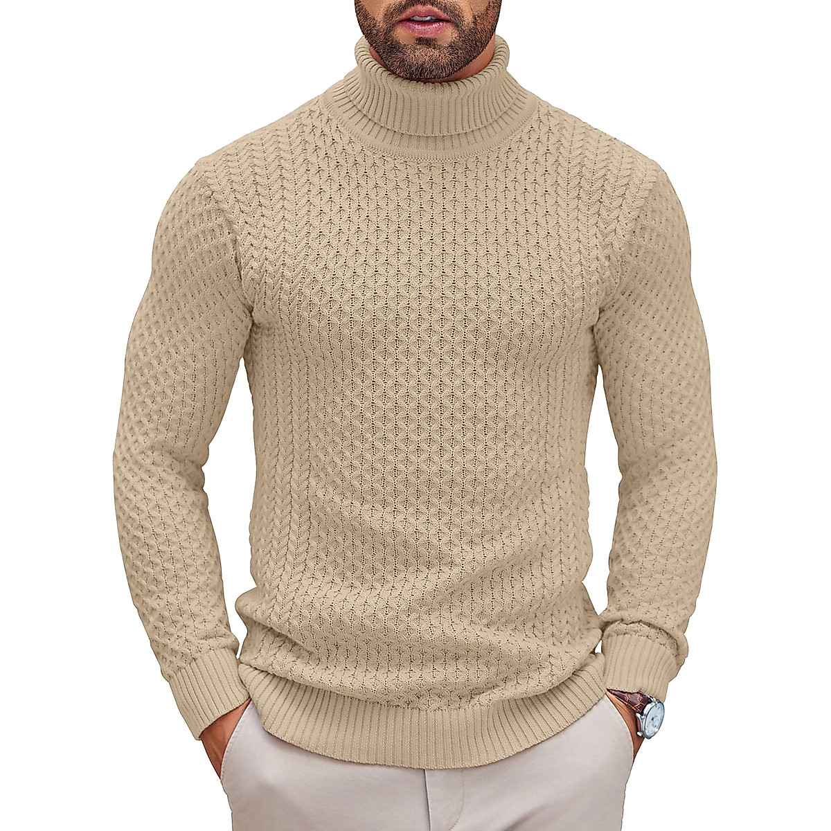 COOFANDY Men's Slim Fit Turtleneck Sweater Casual Knitted Twisted Pullover Solid Sweaters Khaki