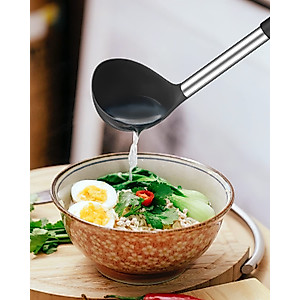 Silicone Pasta Fork and Soup Ladle Set, Non-Stick BPA Free Heat-Resistant Handy Kitchen Utensils for Cooking, Serving, Draining, Stirring (Black)