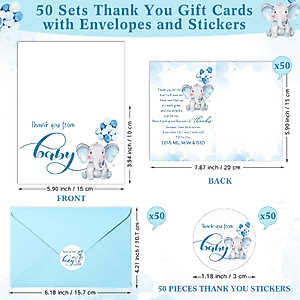 Zhanmai 50 Sets Baby Shower Thank You Cards Elephant Themed 50 Baby Shower Thank You Notes with 50 Envelopes and Stickers Baby Shower Card Baby Gift Boy Card for Baby Shower Gender Reveal Party (Blue)