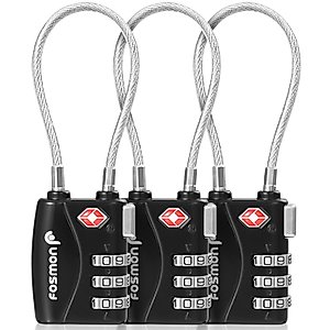 Fosmon TSA Approved Cable Locks for Luggage, Suitcase, Gun Case Locks with Push Release Button, 3 Digit Long Shackle Combination Wire Locks for Backpack Zipper Anti Theft, Gym Locker -3 Pack, Black