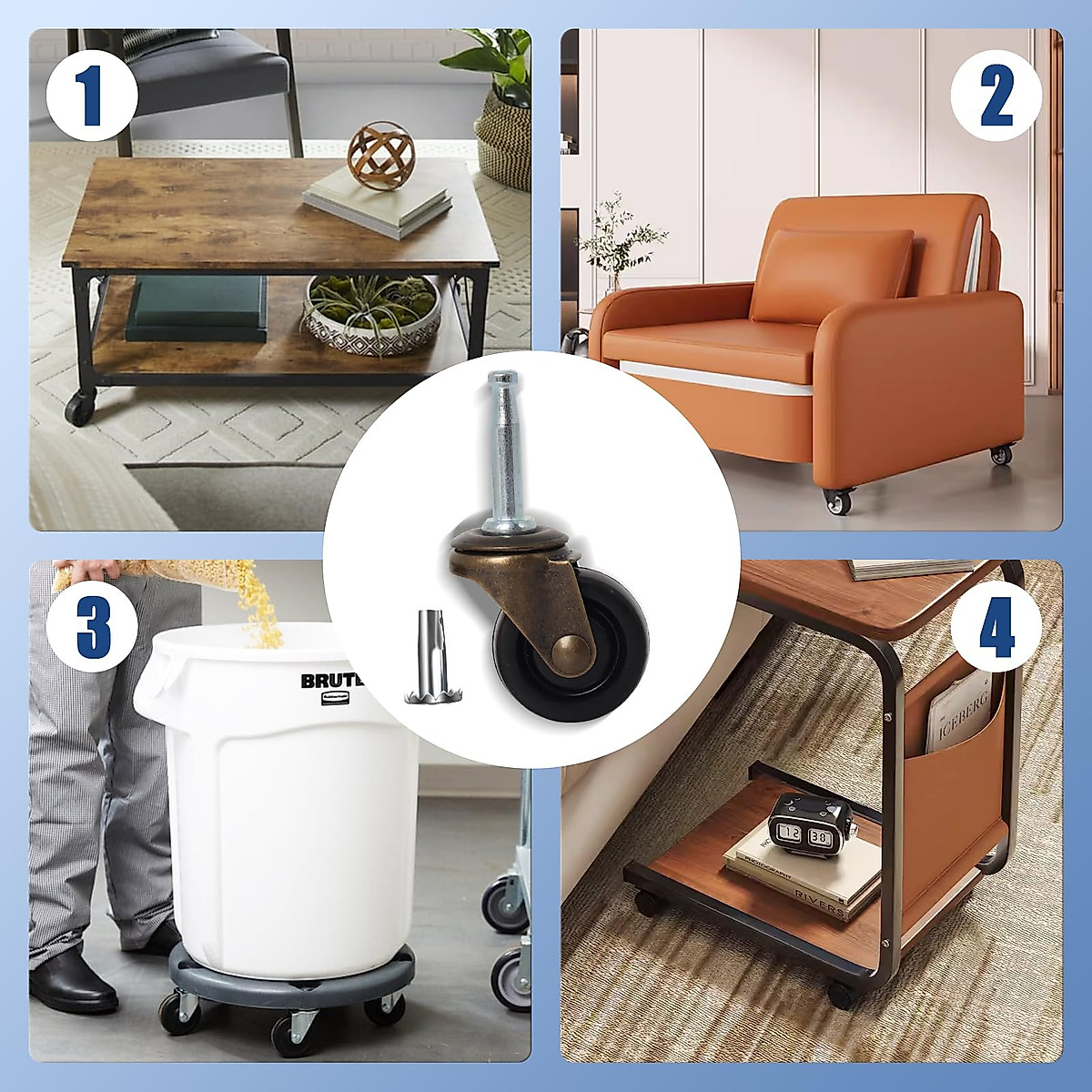 Podoy Antique Casters Wheels 1-5/8-Inch with Stem Socket Replacement for Furniture Chairs Small Sofa Office Decorative Casters Use for All Hardwood Floor (Set of 4)