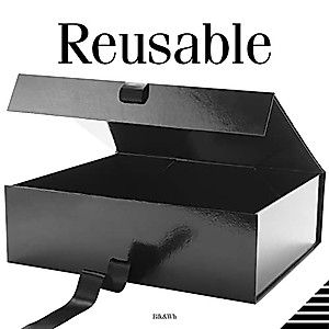 BLK&WH Extra Large Gift Box with Ribbon 16.3x14.2x5 Inches, Large Black Gift Box with Lid for Presents, Groomsman Proposal Box, Big Gift Box for Clothes and Large Gifts(Glossy Black)
