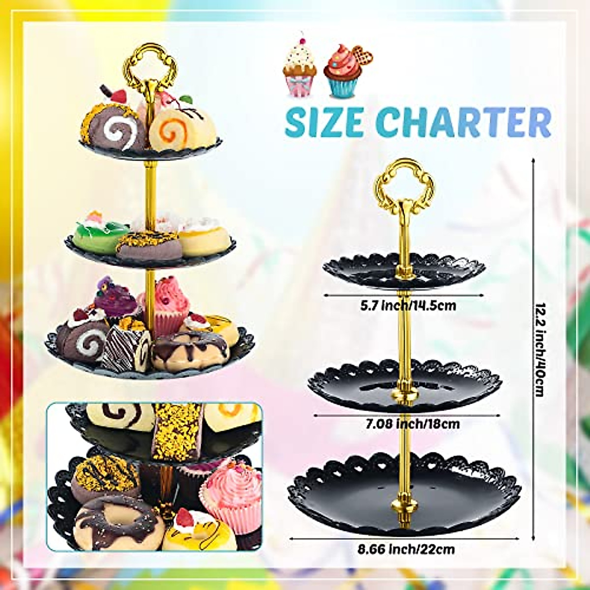 4 Sets 3 Tier Plastic Cupcake Stand Dessert Plates Mini Cake Fruit Candy Display Tower Reusable Tiered Snack Serving Tray Black Gold for Wedding Tea Party Decor