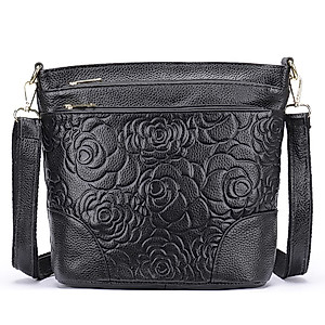 Aslana Floral-Embossed Genuine Leather Shoulder Crossbody Bag Handbag for Women (Floral-Embossed Black)