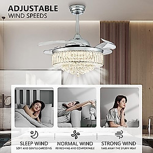 Silver Crystal Ceiling Fan with Lights and Remote,42 Inches Modern Retractable Blade Polished Chrome Ceiling Fans Light,Memory Infinite Dimmable 3 Lights Colors and 6 Speeds Air Circulation Chandelier