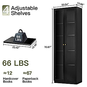 MAGICUBE Bookcase Metal with Plexi-Glass Doors and 4 Adjustable Shelves, 5-Tier Bookshelf Organizer, Tall Multipurpose Storage Cabinet, Home Decor Furniture for Study, Office, Living Room(Black)