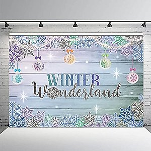 MEHOFOND 7x5ft Winter Wonderland Christmas Rustic Wood Backdrop for Photography Ice Blue Snowflake Boy Girl Birthday Background Baby Shower Party Decorations Photo Booth Props