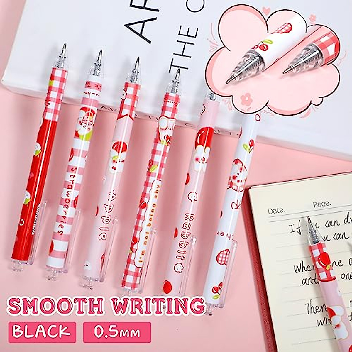 497 Pcs Kawaii School Supplies Cute Pens Retractable Black Ink Kawaii Bunny Index Sticker Cute Pink Sticky Notes Strawberry Stickers Cute School Stationery Set Supplies for Girls Kids