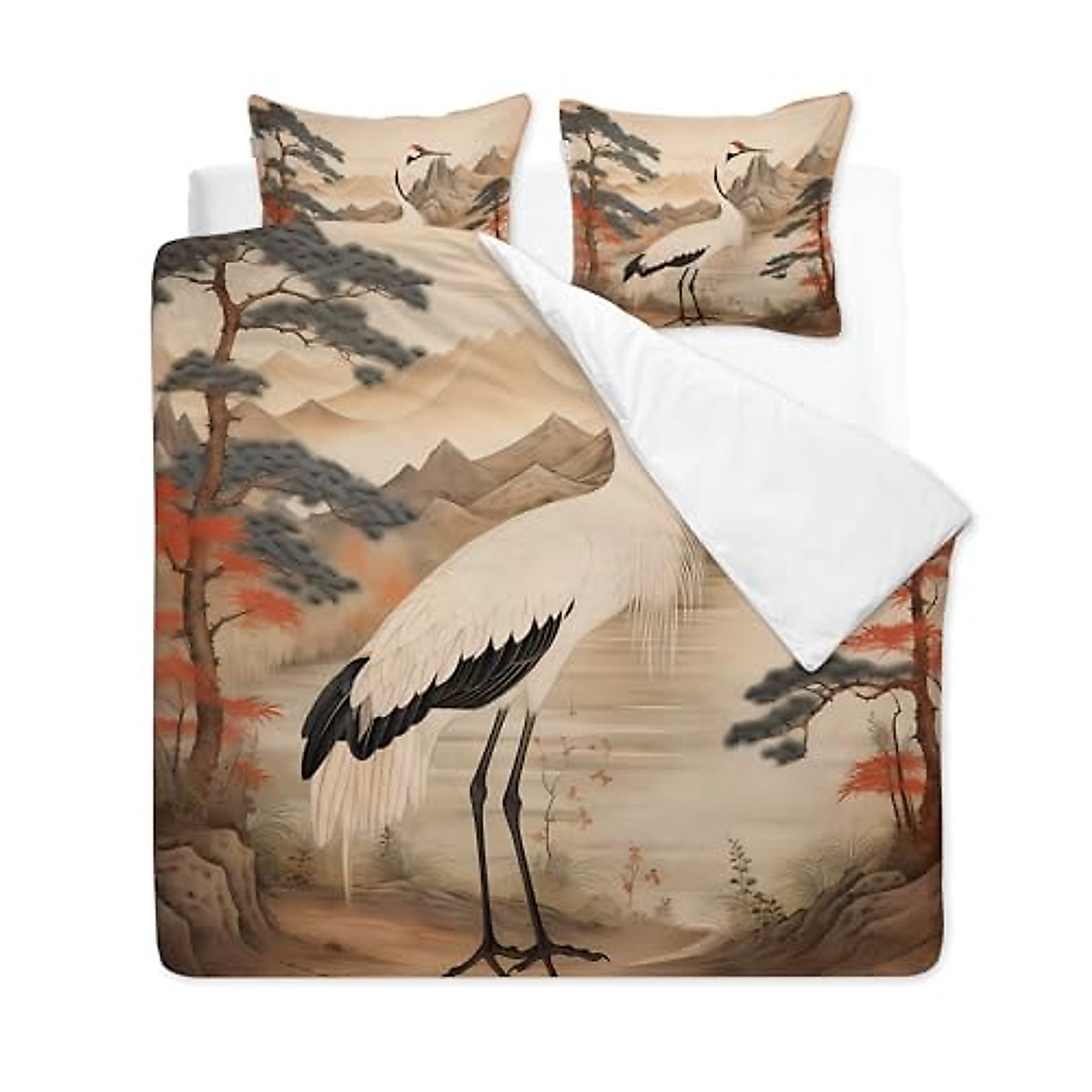 Crane Duvet Cover Oversized King Size Set, Japanese Bedding Bedroom Decor, Comforter Cover & 2 Pillowcases 3 Pieces, Home Collection Quilt Cover
