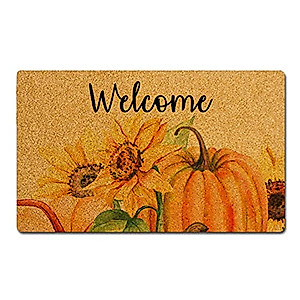 Funny Fall Doormat Welcome Pumpkin Sunflowers Indoor Outdoor Entrance Floor Mat Home Office Front Door Mat Non-Slip Rubber Backing 23.6 X 15.7 Inch