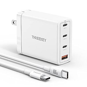 100W USB C Charger, THREEKEY 4-Port GaN Foldable Fast Charger Block with 100W 3.3FT C to C Cable, Compatible with MacBook Pro/Air,iPhone 14/13/12,iPad Pro/Mini/Air,Galaxy S22/21,Laptop and More.
