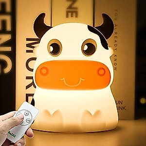 AVEKI Night Light for Kids, Portable Tap Control Rechargeable Nightlight Lamp, Color Changing, Remote Control Silicone Cute Animal Cow Night Lamp Bedroom Decor for Infant or Toddler (Cows-Remote)