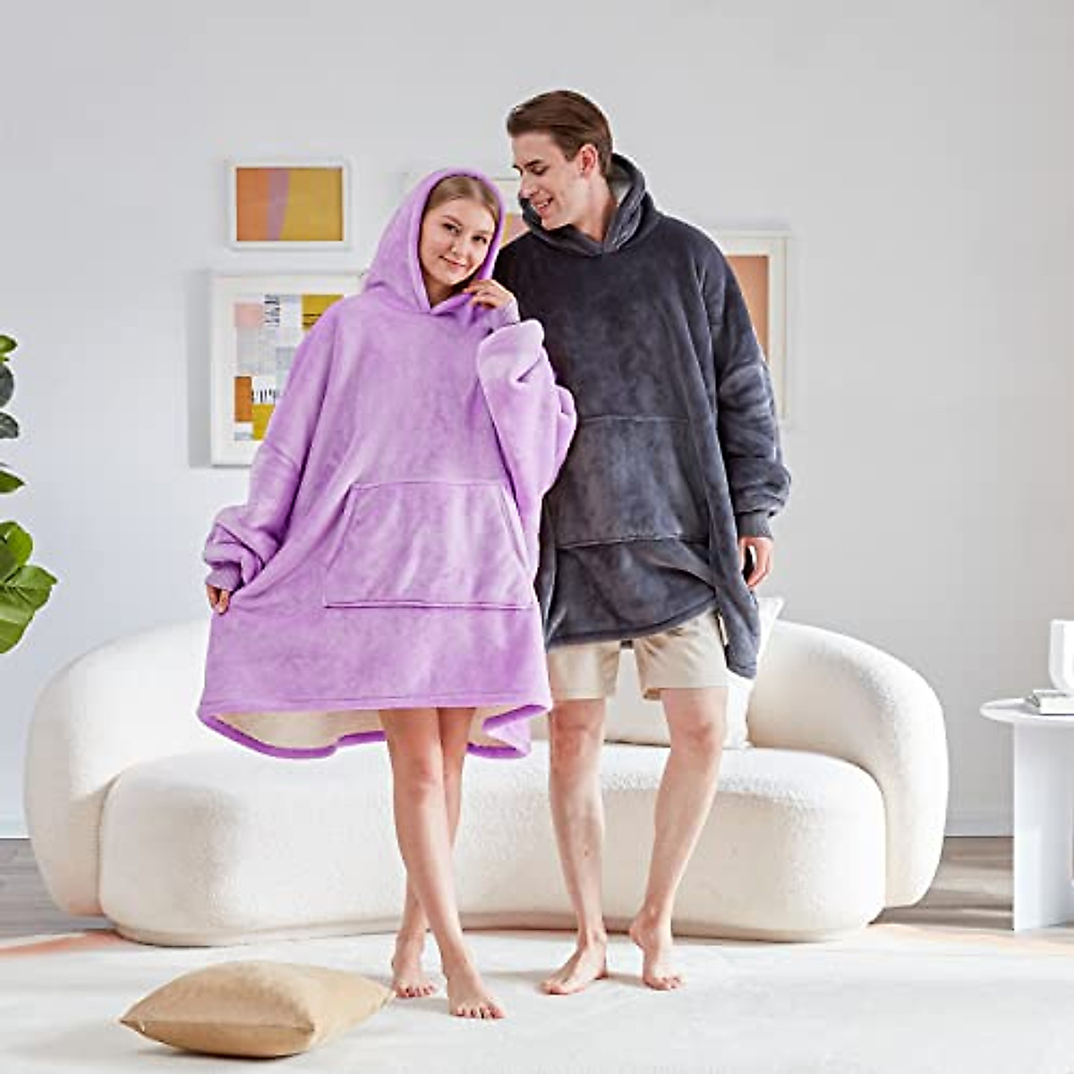 Touchat Wearable Blanket Hoodie, Oversized Sherpa Blanket Sweatshirt with Hood Pocket and Sleeves, Super Soft Warm Plush Hooded Blanket for Adult Women Men, One Size Fits All (Purple)