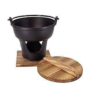 TRUMDAKE 7" Cast Iron Japanese Sukiyaki Pot - Hot Pot, Cheese Fondue, Camping Cooking - Individual or Couple's Size - Nabe Shabu Pot, BBQ, Alcohol Stove, Wooden Lid - Ideal for High-End Restaurants