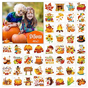 HOWAF 96pcs Fall Temporary Tattoos for Kids, Fall Harvest Face Tattoos for Welcome Fall Hello Autumn Party Decoration Supplies, Autumn Harvest Tattoo Stickers with Pumpkin Scarecrow Design