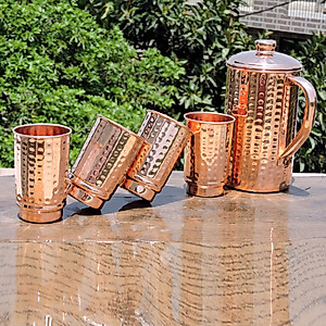 HealthGoodsIn - Pure Copper Hammered Pitcher with 4 Copper Tumblers | Hammered Copper Pitcher and Tumblers for Ayurveda Health Benefits
