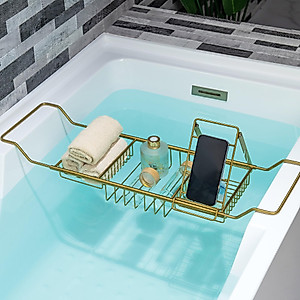 WOODBRIDGE Stainless Steel Extendable Bathtub Caddy Tray in Brushed Gold Finish with Removable Wine Holder, Book and Phone Rack, Bathcad-BG