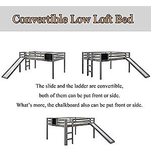 CITYLIGHT Twin Loft Bed with Slide, Low Loft Bed Frame with Chalkboard, Wood Kids Loft Bed Twin with Under-Bed Space Storage for Girls, Boys (Grey, Twin)