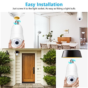 Light Bulb Security Camera, 2K 360° Pan Tilt WiFi Security Camera Indoor Wireless Outdoor Color Night Vision 24/7 Motion Tracking Detect Pet Dog Cam 2-way Talk SD/Cloud Storage Home Security Outside