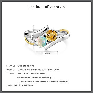 Gem Stone King 925 Sterling Silver and 10K Yellow Gold Yellow Citrine White Simulated Opal and White Lab Grown Diamond 2 Stone Crossover Ring (1.25 Cttw, Available in size 5, 6, 7, 8, 9)