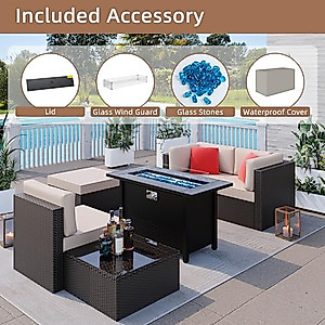 Shintenchi 45 Inch Propane Fire Pit Table with Glass Window Protector, Outdoor 50,000 BTU Steel Gas Fire Pit with Lid, Glass Crystal Stone, Waterproof Cover and Rattan Pattern for Patio, Yard, Party