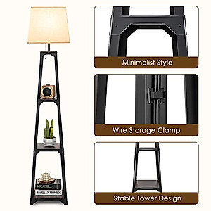 Tangkula Shelf Floor Lamp, 3 Tier Display Floor Lamp with Storage Shelves and Linen Lampshade, Modern Standing Lamp for Living Room Bedroom Office Decor, 63" Tall Corner Shelf Lamp, Black (Square)