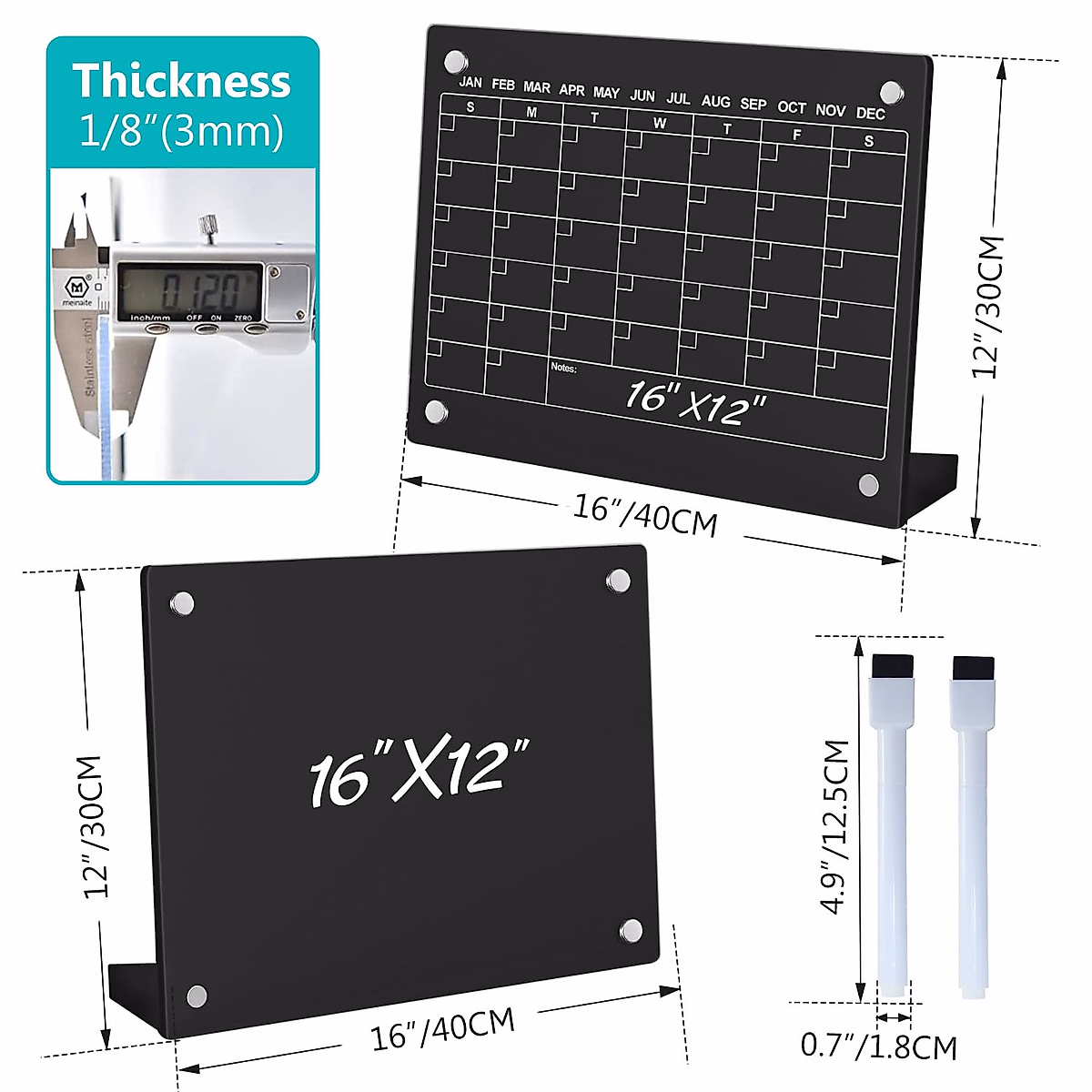 2PCS Black Acrylic Dry Erase Board with Stand for Desk, 16x12 Large Desktop Monthly Whiteboard Magnetic Fridge Calendar Memo Board, Daily Planner Blackboard Easel for Office, School