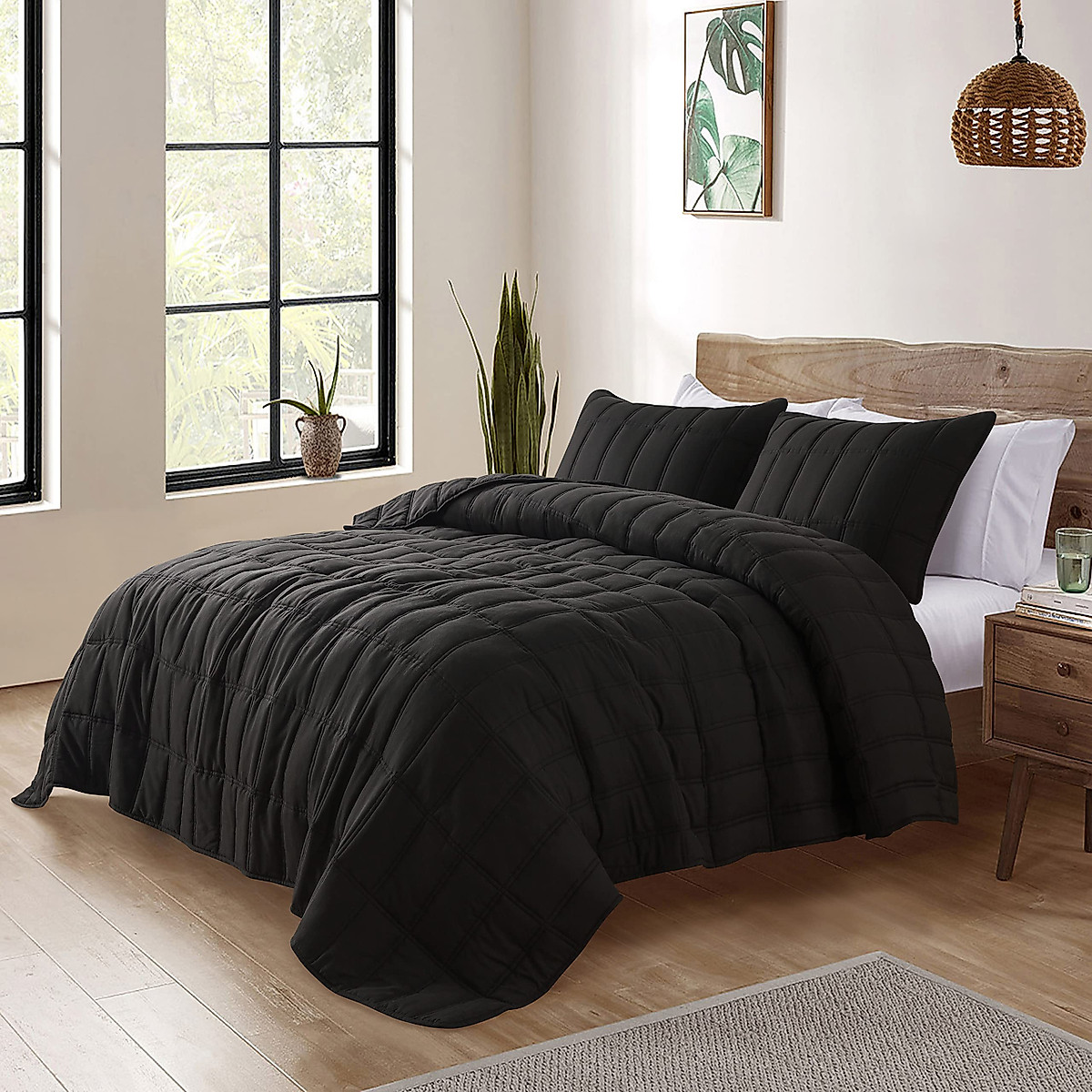 palassio Black Quilt Queen Size Bedding Sets with Pillow Shams, Lightweight Soft Bedspread Coverlet, Quilted Thin Blanket Comforter Bed Cover for All Season Spring Summer, 3 Pieces, 90x90 inches