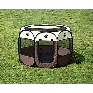 BODISEINT Portable Pet Playpen, Dog Playpen Foldable Pet Exercise Pen Tents Dog Kennel House Playground for Puppy Dog Yorkie Cat Bunny Indoor Outdoor Travel Camping Use (Small, Coffee - Beige)