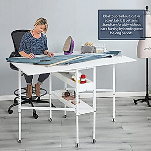 MELLCOM Height Adjustable Craft Table with Storage Shelves, Mobile Folding Cutting Table for Large Fabric, Foldable Table for Home Office Sewing Room Craft Room