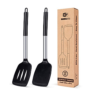 Pack of 2 Silicone Solid Turner ,Non Stick Slotted Kitchen Spatulas ,High Heat Resistant BPA Free Cooking Utensils ,Ideal Cookware for Fish ,Eggs ,Pancakes (Black)