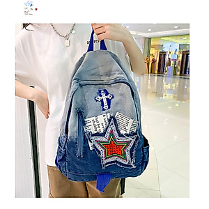 TUAQIANG Women's denim aesthetic backpack Y2K backpack casual Gothic denim backpack classic vintage travel day bag (Style 2,One size)