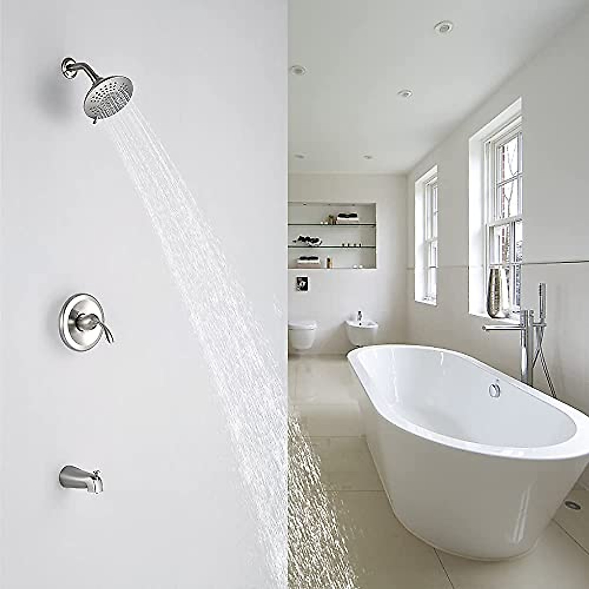 HOMELODY Shower Faucet with Tub Spout Brushed Nickel Shower Faucets Sets Complete 6 Inch Shower Head 5-Function Spray Shower Tub Kit Shower System with Single-Handle Shower Combo