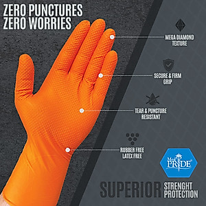 MED PRIDE Maxx Strength Nitrile Industrial Gloves, 8 Mil Thick [100 Gloves/Medium] - Diamond Texture Disposable Safety- Heavy-Duty, Tear-Resistant Mechanic Automotive Food Handling Gloves- Orange