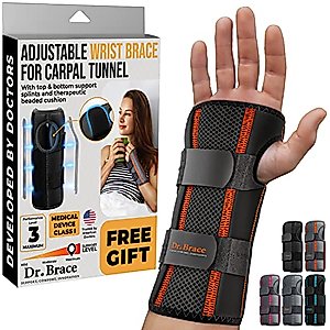 DR. BRACE Adjustable Wrist Brace Night Support for Carpal Tunnel, Doctor Developed, Upgraded with Double Splint & Therapeutic Cushion,Hand Brace for Pain Relief,Injuries,Sprains (L/XL Right Hand, Black-Orange)