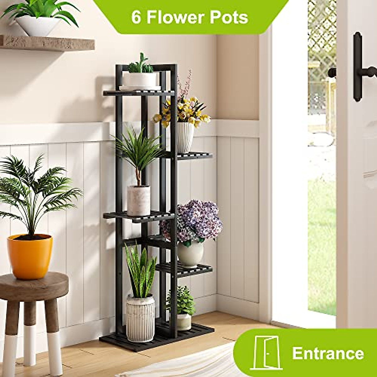BMOSU Plant Stand For Indoor Corner Tall Plant Shelf 6 Potted Flower Bamboo Plant Stands Holder Shelf Plants For Outdoor Plant Rack Potted Plant Holder Display Rack For Living Room Balcony Bedroom(Black)