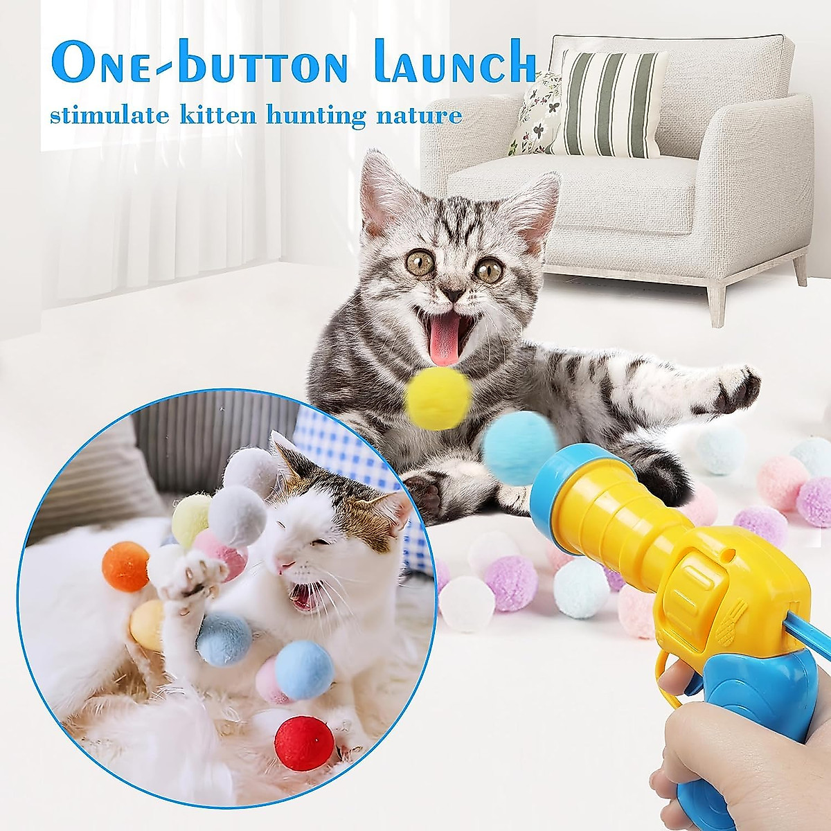 Mewlmart Cat Toys Interactive for Indoor Cats Kitty Toys Cat Toys for Indoor Cats Self Play Cat Ball Toy Pom Pom Balls Plush Ball Launcher for Cats Puff Balls Cat Enrichment Toys 30 Balls