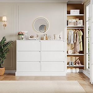HOSTACK White Dresser for Bedroom, Modern 6 Drawer Dresser, Double Dresser Chest of Drawers with Wavy Pattern | Handleless Drawers, Wood Storage Dresser Cabinet for Living Room, Hallway, Entryway